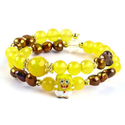 China Natural Yellow Chalcedony Crystal Bangle with Freshwater Pearl and Spongebob Charm Bracelet 8mm for sale