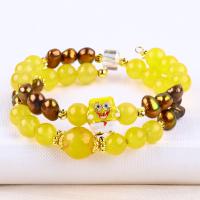 China Natural Yellow Chalcedony Crystal Bangle with Freshwater Pearl and Spongebob Charm Bracelet 8mm for sale