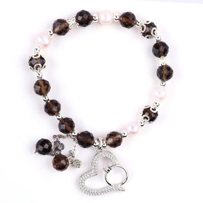 China Natural Smoky Quartz 8mm Round Bead Stretch Bracelet White Pearl Charm Reiki Healing Unisex Jewelry for sale
