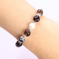 China Natural Smoky Quartz 8mm Round Bead Stretch Bracelet White Pearl Charm Reiki Healing Unisex Jewelry for sale