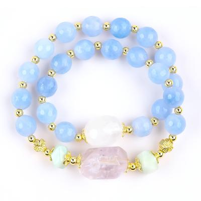 China Handmade Blue Chalcedony Double Layer Round Bead Bracelet 8mm Crystal Jewelry Gift for sale