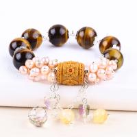 China Natural 14mm Tiger Eye and Fresh Water Pearl Beaded Bracelet with Dangle Chain Copper Silver Plating for sale