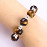 China Natural 14mm Tiger Eye and Fresh Water Pearl Beaded Bracelet with Dangle Chain Copper Silver Plating for sale