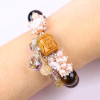 China Natural 14mm Tiger Eye and Fresh Water Pearl Beaded Bracelet with Dangle Chain Copper Silver Plating for sale