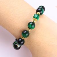 China Natural Green Tiger Eye Bracelet 10mm Copper Gold Plating Stretch Bead Unisex Jewelry for sale