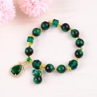 China Natural Green Tiger Eye Bracelet 10mm Copper Gold Plating Stretch Bead Unisex Jewelry for sale
