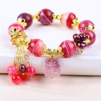 China 14mm Hot Pink Agate Bracelet with Purple Nine Tail Fox Carving Unisex Jewelry for sale