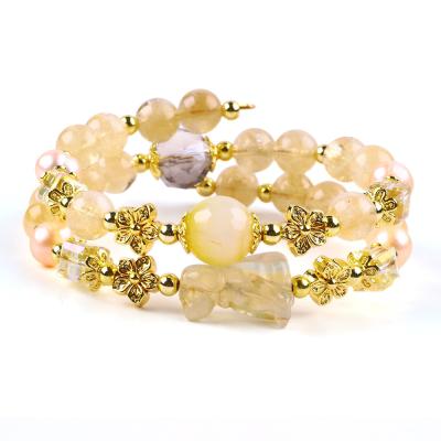 China 8mm Natural Citrine Crystal Bracelet Double Layer Bangle with Dog Carving Copper Gold Plating for sale