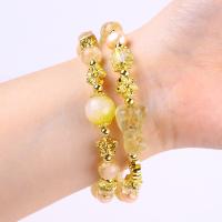 China 8mm Natural Citrine Crystal Bracelet Double Layer Bangle with Dog Carving Copper Gold Plating for sale