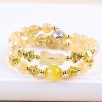 China 8mm Natural Citrine Crystal Bracelet Double Layer Bangle with Dog Carving Copper Gold Plating for sale