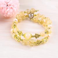 China 8mm Natural Citrine Crystal Bracelet Double Layer Bangle with Dog Carving Copper Gold Plating for sale