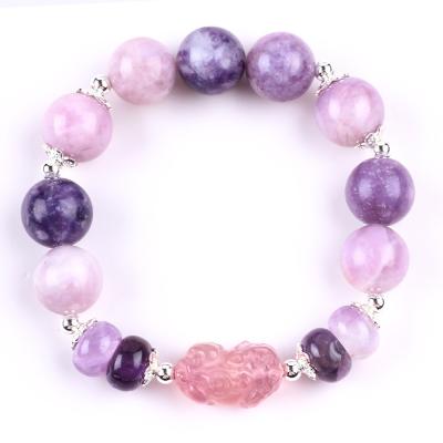 China 14mm Purple Mica Fluorite Pixiu Stretch Bead Bracelet Lucky Wealth Jewelry for sale