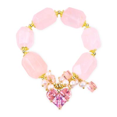 China Handmade Rose Quartz Bracelet 21cm Adjustable Natural Stone Jewelry with Pearl Charms for Gifts and Daily Wear for sale