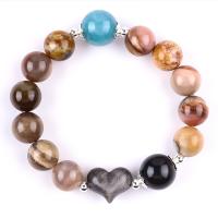 China Handmade Natural Petrified Wood Stone Beaded Bracelet 21cm Adjustable Gemstone Bracelet for Party Daily Gift for sale