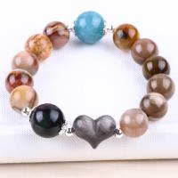 China Handmade Natural Petrified Wood Stone Beaded Bracelet 21cm Adjustable Gemstone Bracelet for Party Daily Gift for sale