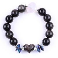 China Handmade Natural Silver Sheen Obsidian Gemstone Bracelet 21cm Adjustable Heart Charm Jewelry for sale