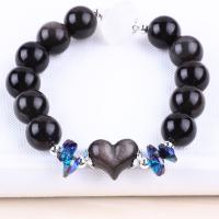 China Handmade Natural Silver Sheen Obsidian Gemstone Bracelet 21cm Adjustable Heart Charm Jewelry for sale