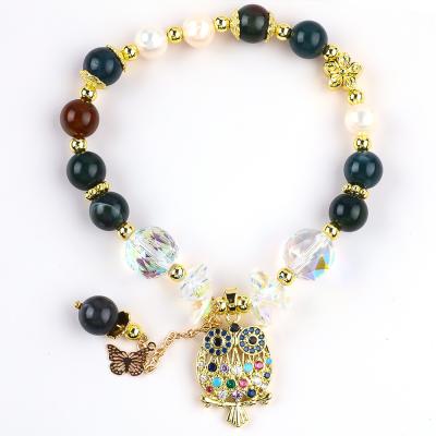 China Handmade Indian Agate Gemstone Beaded Bracelet 21cm Adjustable Owl Charms Jewelry for Party Daily for sale