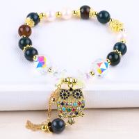 China Handmade Indian Agate Gemstone Beaded Bracelet 21cm Adjustable Owl Charms Jewelry for Party Daily for sale