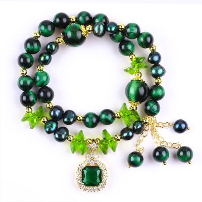 China Handmade Natural Dark Green Tiger Eye Gemstone Bracelet 40cm Adjustable Beaded Jewelry for sale