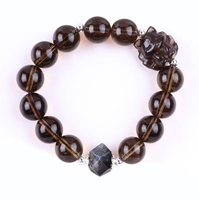 China 14mm Smoky Quartz Crystal Bead Bracelet Nine Tail Fox Carving Purple Tiger Eye for sale