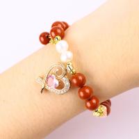 China 8mm Red Jasper Freshwater Pearl Pink Heart Charm Bead Bracelet Natural Stone Round Bead Jewelry for sale