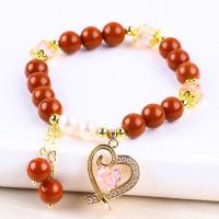 China 8mm Red Jasper Freshwater Pearl Pink Heart Charm Bead Bracelet Natural Stone Round Bead Jewelry for sale