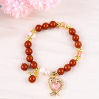 China 8mm Red Jasper Freshwater Pearl Pink Heart Charm Bead Bracelet Natural Stone Round Bead Jewelry for sale