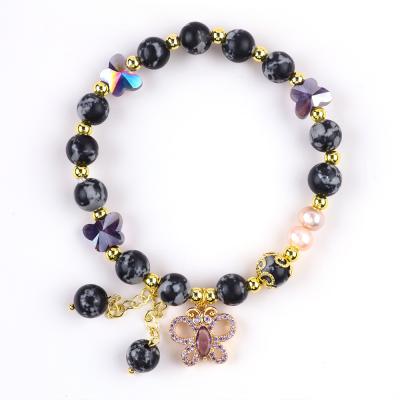 China 8mm Natural Snowflake Obsidian Bracelet with Purple Butterfly Charm Bead Unisex Stretch Jewelry for sale