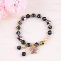 China 8mm Natural Snowflake Obsidian Bracelet with Purple Butterfly Charm Bead Unisex Stretch Jewelry for sale