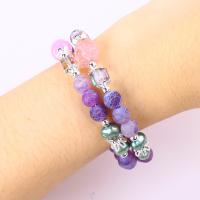 China 8mm Natural Weathered Agate Crystal Round Bead Adjustable Double Layer Bangle with Copper Silver Plating for sale