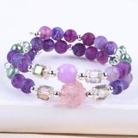 China 8mm Natural Weathered Agate Crystal Round Bead Adjustable Double Layer Bangle with Copper Silver Plating for sale