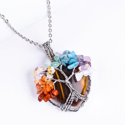 China Adjustable Tiger's Eye Gemstone 7 Chakra Tree of Life Necklace - 5.1×4.2cm Heart Pendant with 27g Weight for sale
