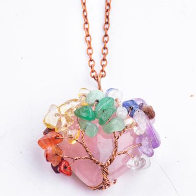 China Rose Quartz Heart Crystal Tree Chakra Necklace - 5x4cm Size 26g Handmade Healing Stone Jewelry for sale