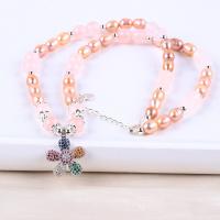 China Fresh Water Purple Pearl Rose Quartz 6mm Beads Sweater Necklace with Rainbow Flower Charm - Unisex Healing Crystal Jewelry for sale