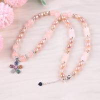 China Fresh Water Purple Pearl Rose Quartz 6mm Beads Sweater Necklace with Rainbow Flower Charm - Unisex Healing Crystal Jewelry for sale