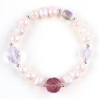 China 8mm Natural White Freshwater Pearl Bracelet with Purple Fluorite Rose Flower Carving - Elastic Stretch Design for Daily Wear for sale