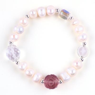 China 8mm Natural White Freshwater Pearl Bracelet with Purple Fluorite Rose Flower Carving - Elastic Stretch Design for Daily Wear for sale