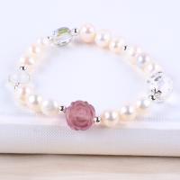 China 8mm Natural White Freshwater Pearl Bracelet with Purple Fluorite Rose Flower Carving - Elastic Stretch Design for Daily Wear for sale