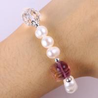 China 8mm Natural White Freshwater Pearl Bracelet with Purple Fluorite Rose Flower Carving - Elastic Stretch Design for Daily Wear for sale