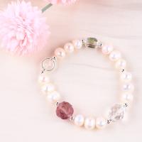 China 8mm Natural White Freshwater Pearl Bracelet with Purple Fluorite Rose Flower Carving - Elastic Stretch Design for Daily Wear for sale