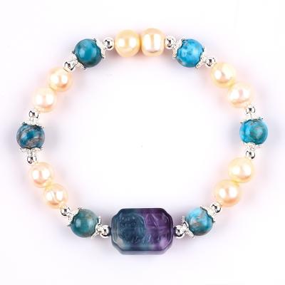 China 7mm Blue Apatite Pink Freshwater Pearl Bracelet with Fluorite Rose Carving - Natural Stone Jewelry for Unisex Gifts for sale