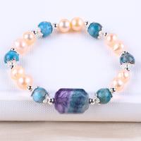 China 7mm Blue Apatite Pink Freshwater Pearl Bracelet with Fluorite Rose Carving - Natural Stone Jewelry for Unisex Gifts for sale