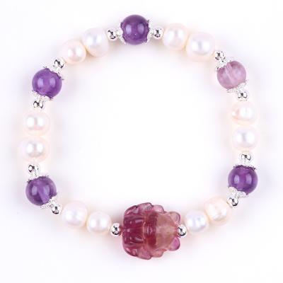 China 8mm White Freshwater Pearl and Amethyst Crystal Bracelet with Nine-Tail Fox Carving - Stretch Bead Design for sale