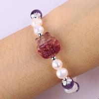 China 8mm White Freshwater Pearl and Amethyst Crystal Bracelet with Nine-Tail Fox Carving - Stretch Bead Design for sale