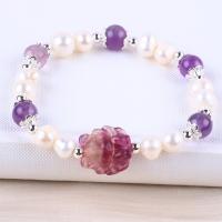 China 8mm White Freshwater Pearl and Amethyst Crystal Bracelet with Nine-Tail Fox Carving - Stretch Bead Design for sale