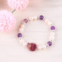China 8mm White Freshwater Pearl and Amethyst Crystal Bracelet with Nine-Tail Fox Carving - Stretch Bead Design for sale