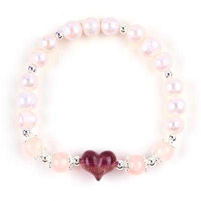 China 8mm Natural White Freshwater Pearl Stretch Bracelet with Purple Fluorite Heart Carving - Unisex Jewelry for sale