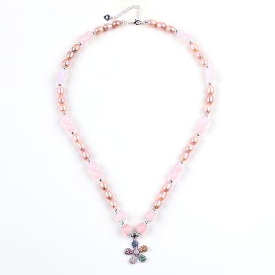China Fresh Water Purple Pearl Rose Quartz 6mm Beads Sweater Necklace with Rainbow Flower Charm - Unisex Healing Crystal Jewelry for sale