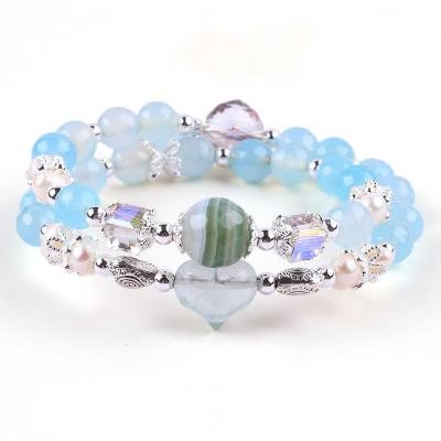 China 8mm Blue Agate Round Bead Bangle with Fresh Water Pearl - Adjustable Unisex Jewelry - 2PCS MOQ for sale